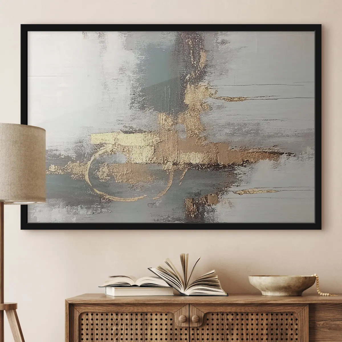 Poster Impression d'art abstrait avec des encres or et grises Nr ...